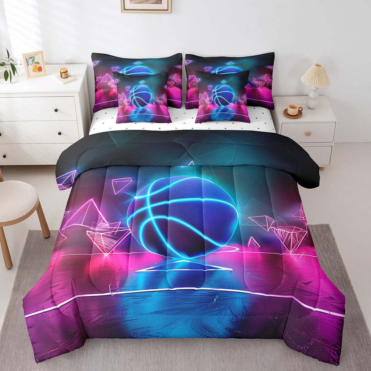 Basketball 7 Pcs Comforter Set Twin Neon Ball Bedding Gradient Glowing ...