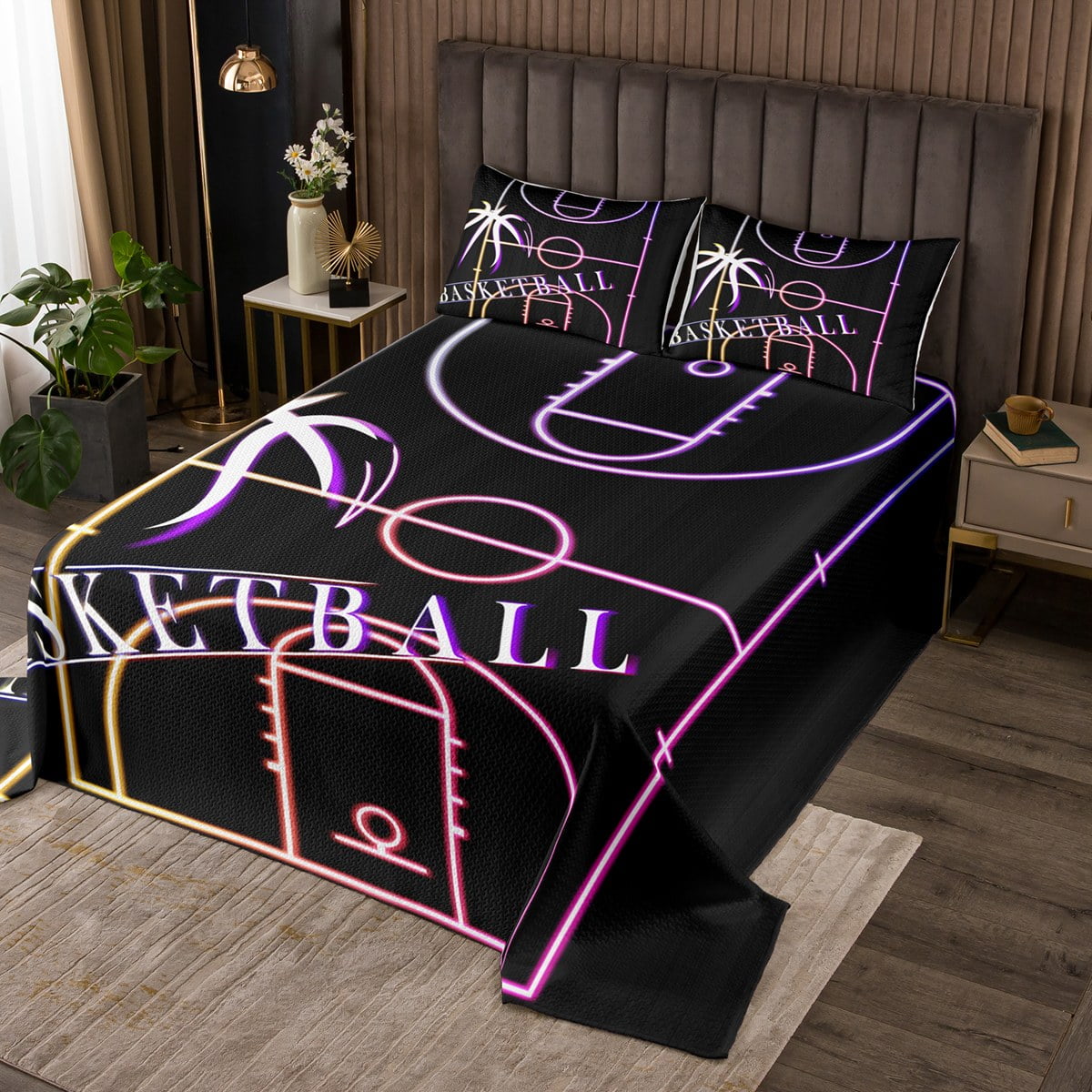 Basketball Coverlet King Size Sport Bedding Set Room, Rainbow Neon ...