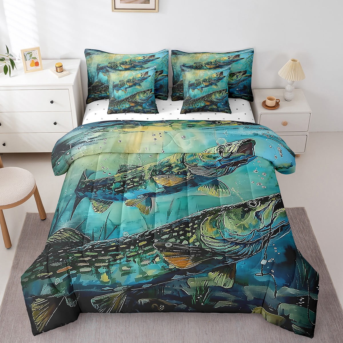 Bass Fish Bedding Queen Size 7pcs Teens Hunting Animal Comforter Set ...