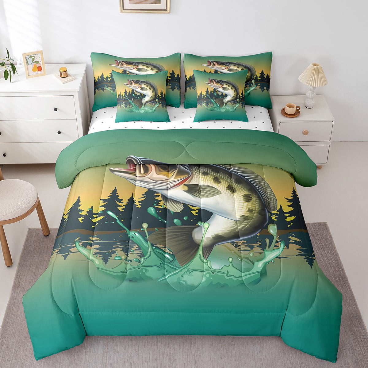 Bass Fish Comforter , Hunting Fishing Fitted Sheet Full, Retro Big Pike ...