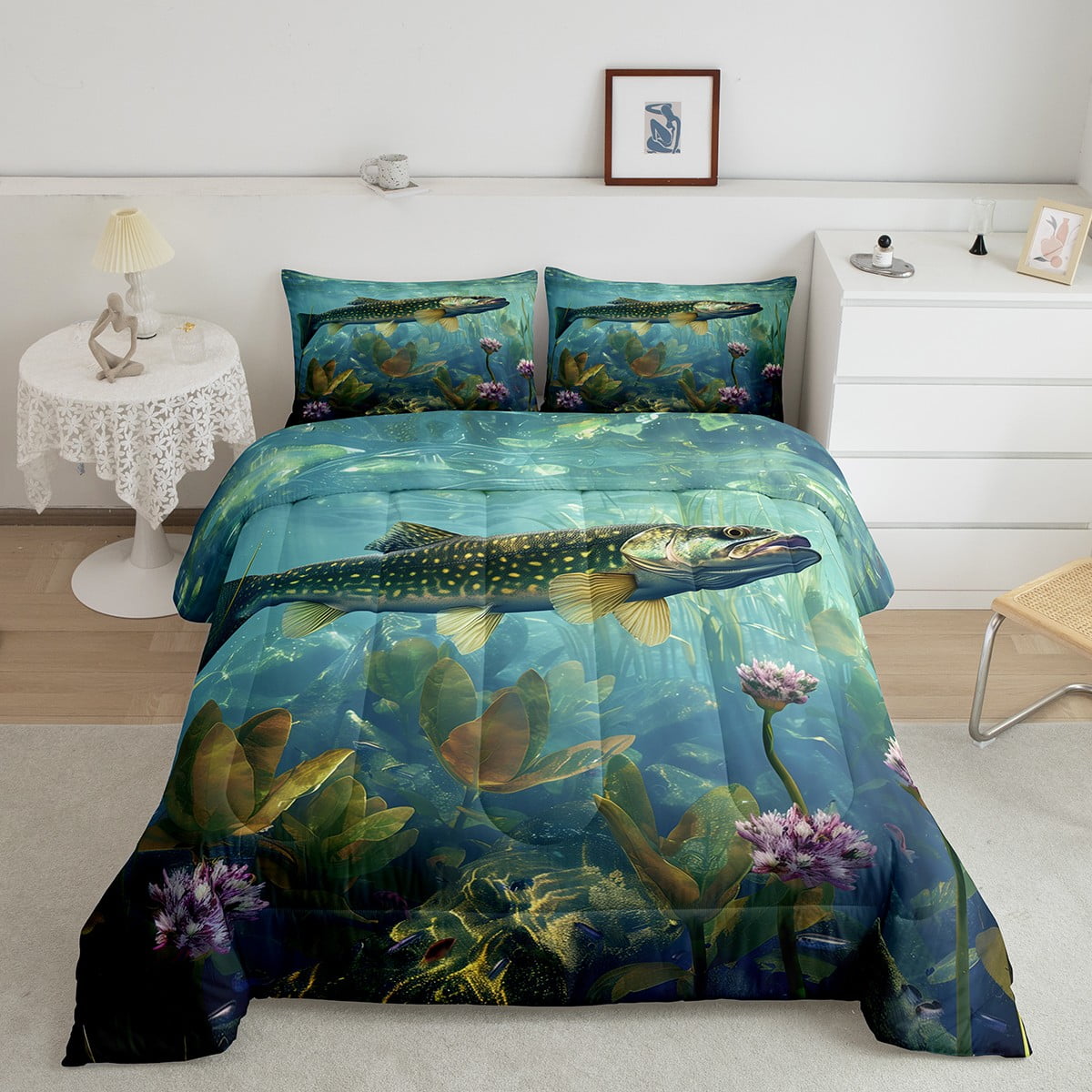 YST Bass Fish Comforter Set For Boys, Ocean Animal Quilt Twin Size ...