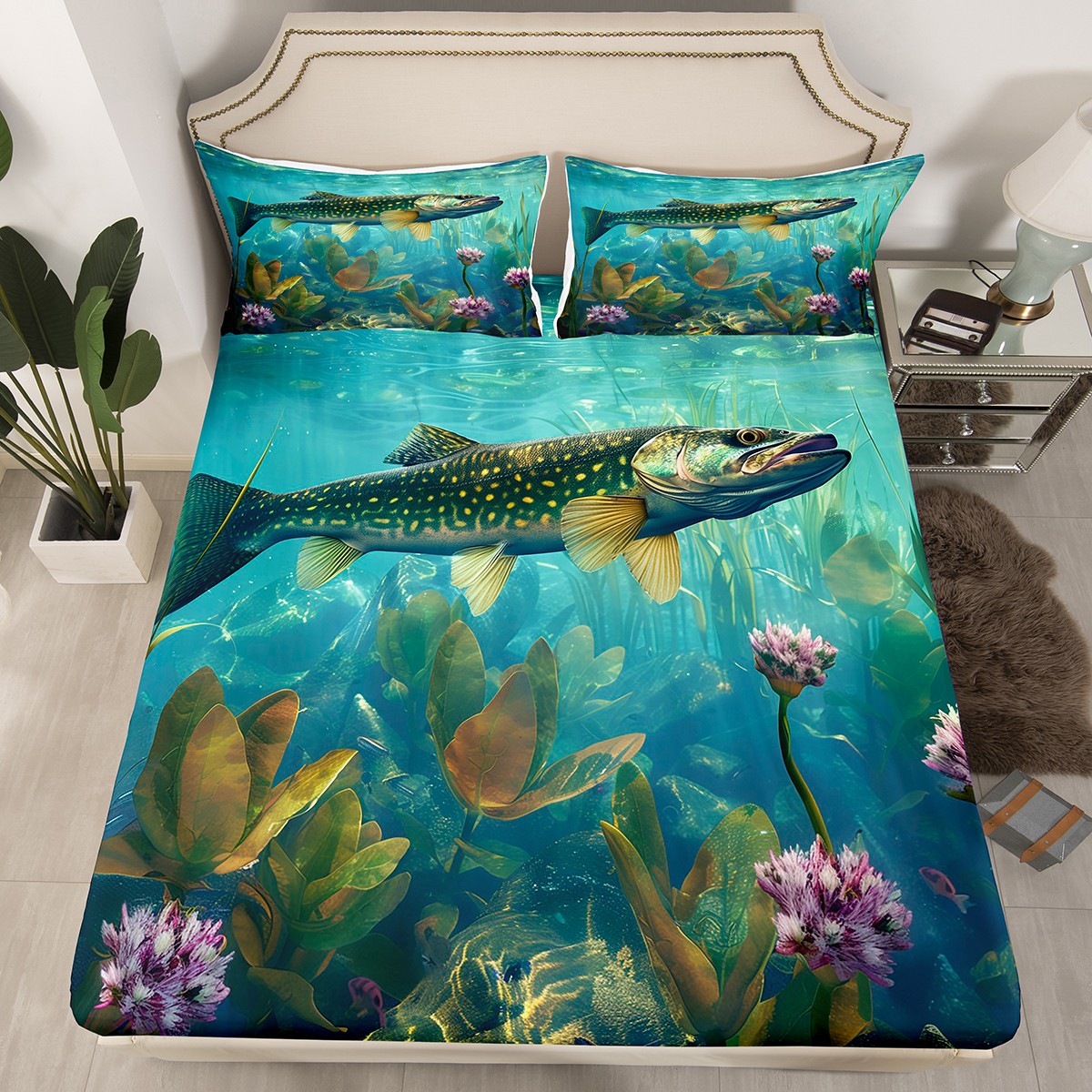 YST Bass Fish Fitted Sheet For Boys, Ocean Animal Bedding Set Full Size ...