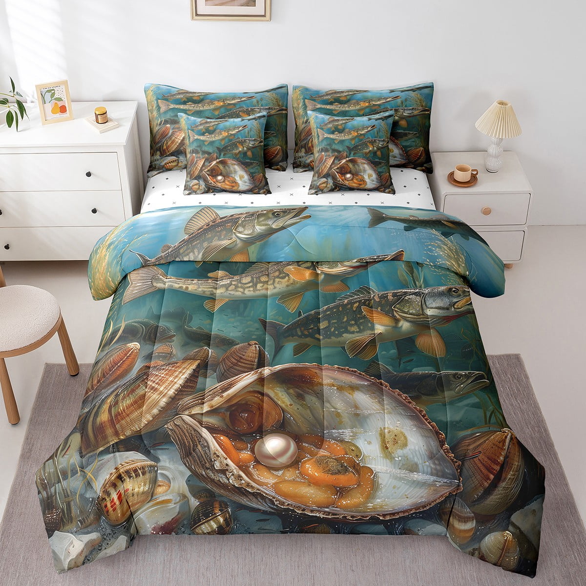 Bass Fishing Comforter Set Full 7 Piece Ocean Marine Pike Fish Bed in a ...