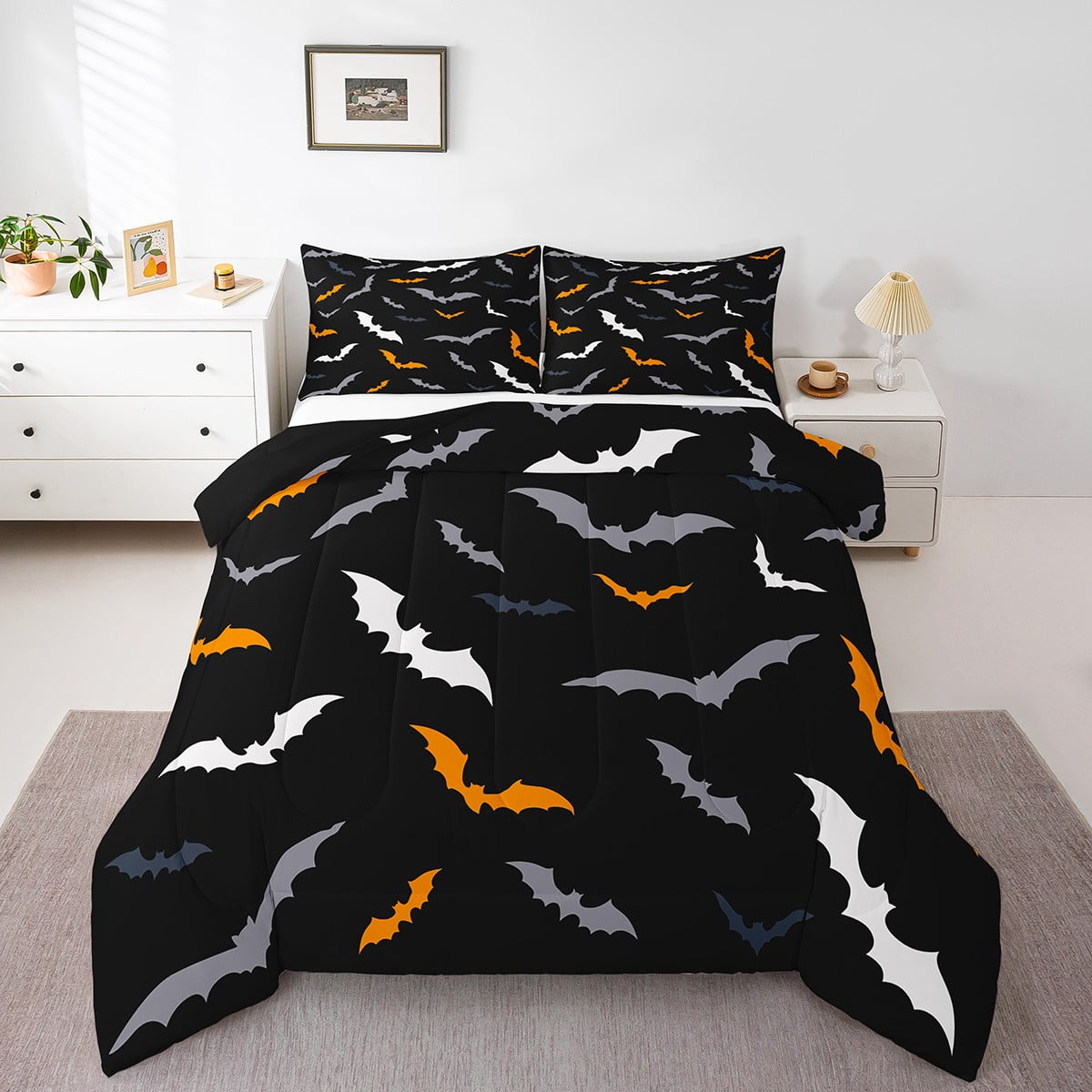 YST Bat Quilt Gothic Halloween Decor Comforter Set King Size For Kids ...