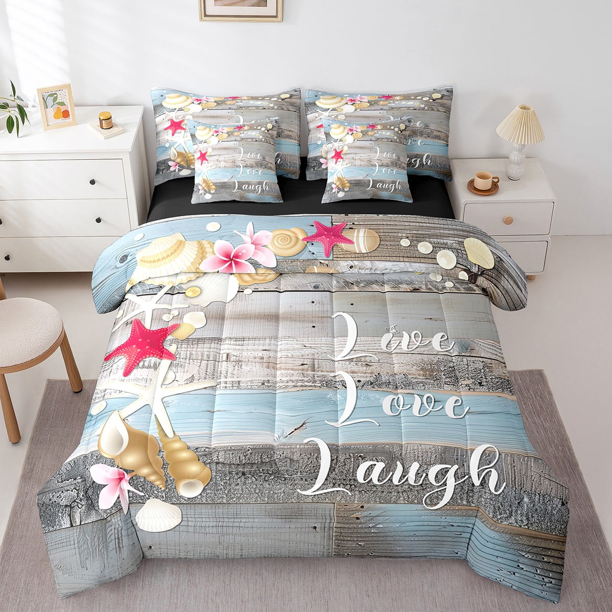 Beach Theme Queen Comforter Set 7pcs Starfish Seashell Bedding ...