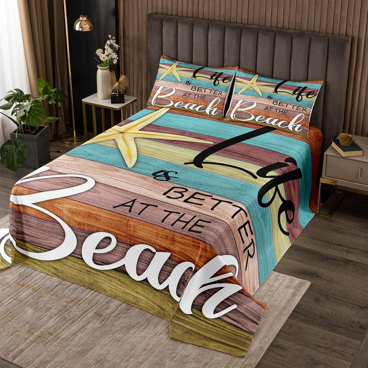 Beach Theme Queen Quilt Set Hawaii Ocean Coverlet Set, Coastal Starfish ...