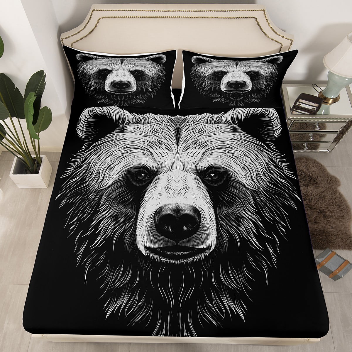 YST Bear Bed Set Wild Animal Bed Sheets Cartoon Bear Head Fitted Sheet ...