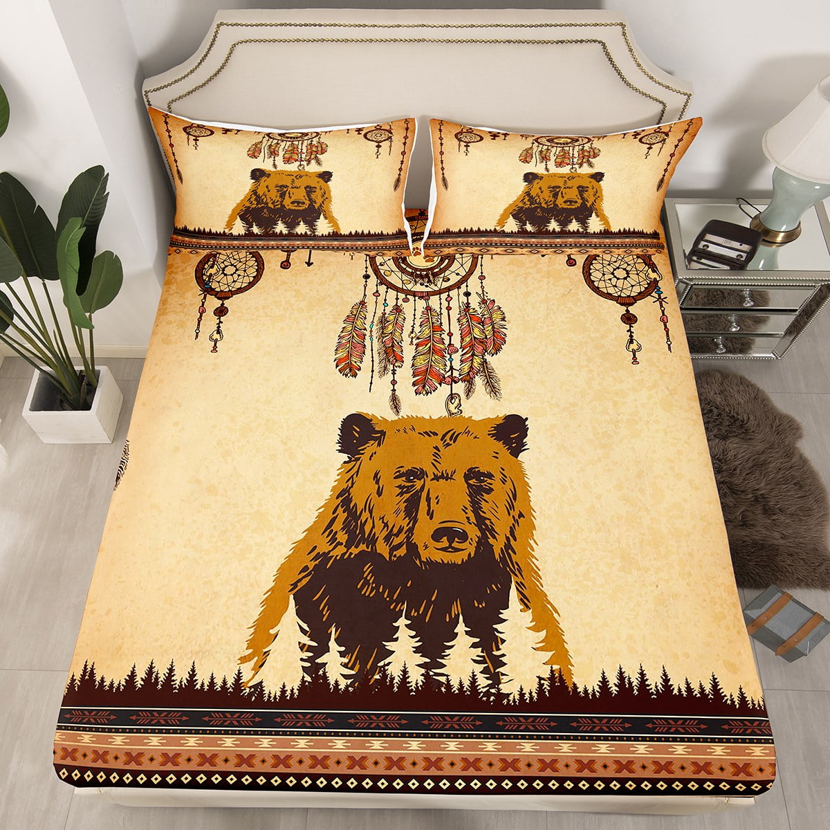 YST Bear Bed Sheets Bohemia Dream Catcher Queen Fitted Sheet Retro India Tribal Feathers Bedding ...