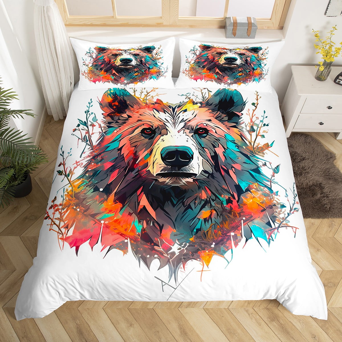 YST Bear Bedding Set Watercolor Duvet Cover for Boys Girls Kids Rustic ...