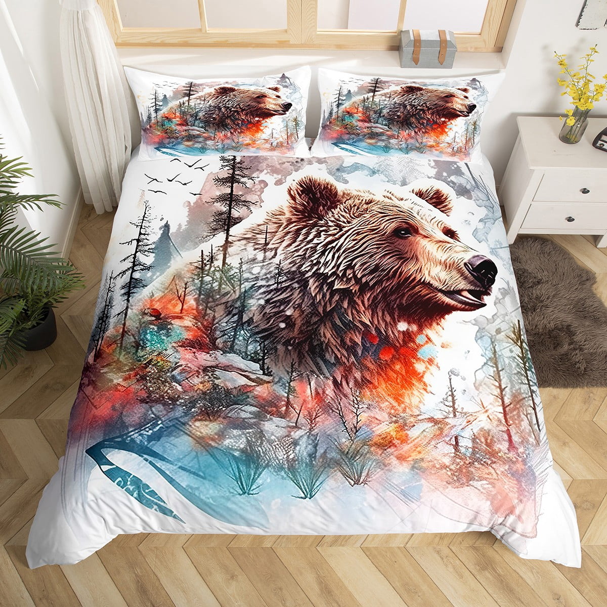 Erosebridal Bear Comforter Cover Hunting Theme Duvet Cover Full, Rustic ...