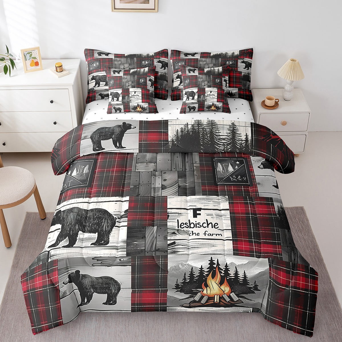 Bear Comforter Set 7 Pcs Buffalo Plaid Check Bedding Sets for Cabin ...