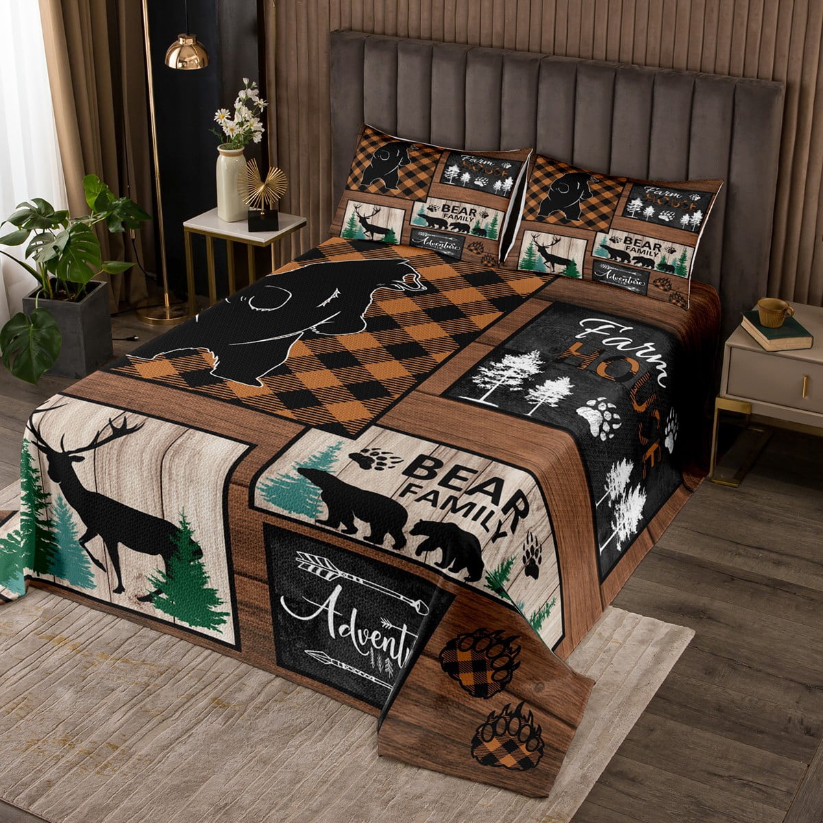 Bear Deer Coverlet Set , Checkered Plaid Patchwork Bedspread Set Teens ...