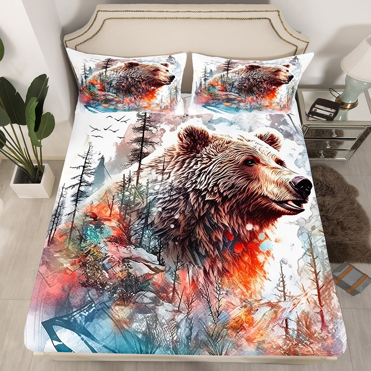 Erosebridal Bear Fitted Sheet Hunting Theme Bed Sheets Queen, Rustic ...