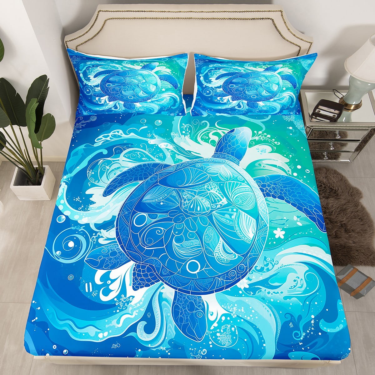 YST Bed Sheets Queen Size with 2 Pillowcases, Ocean Blue Turtle Bedding ...