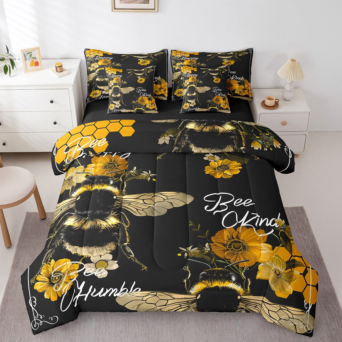 Bee Bedding Sets 7 Piece Twin Size, Yellow Flower Bed In A Bag Teens ...