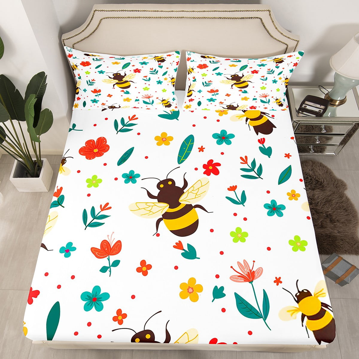 YST Bee Fitted Sheet Cartoon Yellow Bee Bed Set Twin for Kids Teen ...