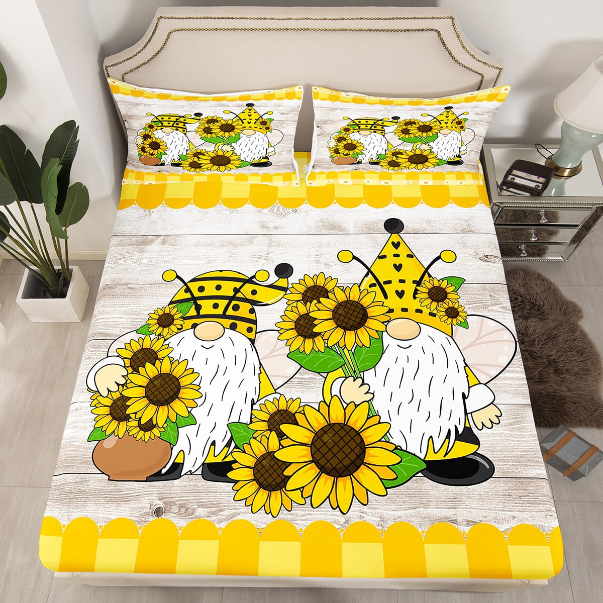 YST Bee Gnome Bed Sheets Full Size,Sunflower Floral Fitted Sheet for ...