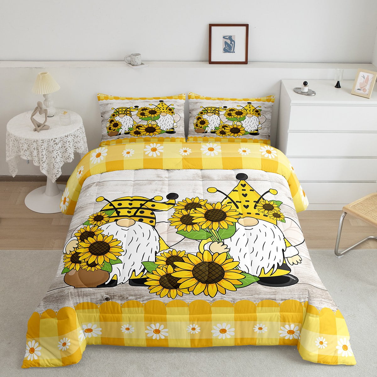 Erosebridal Bee Gnome Bedding Set King Size,Sunflower Floral Comforter ...