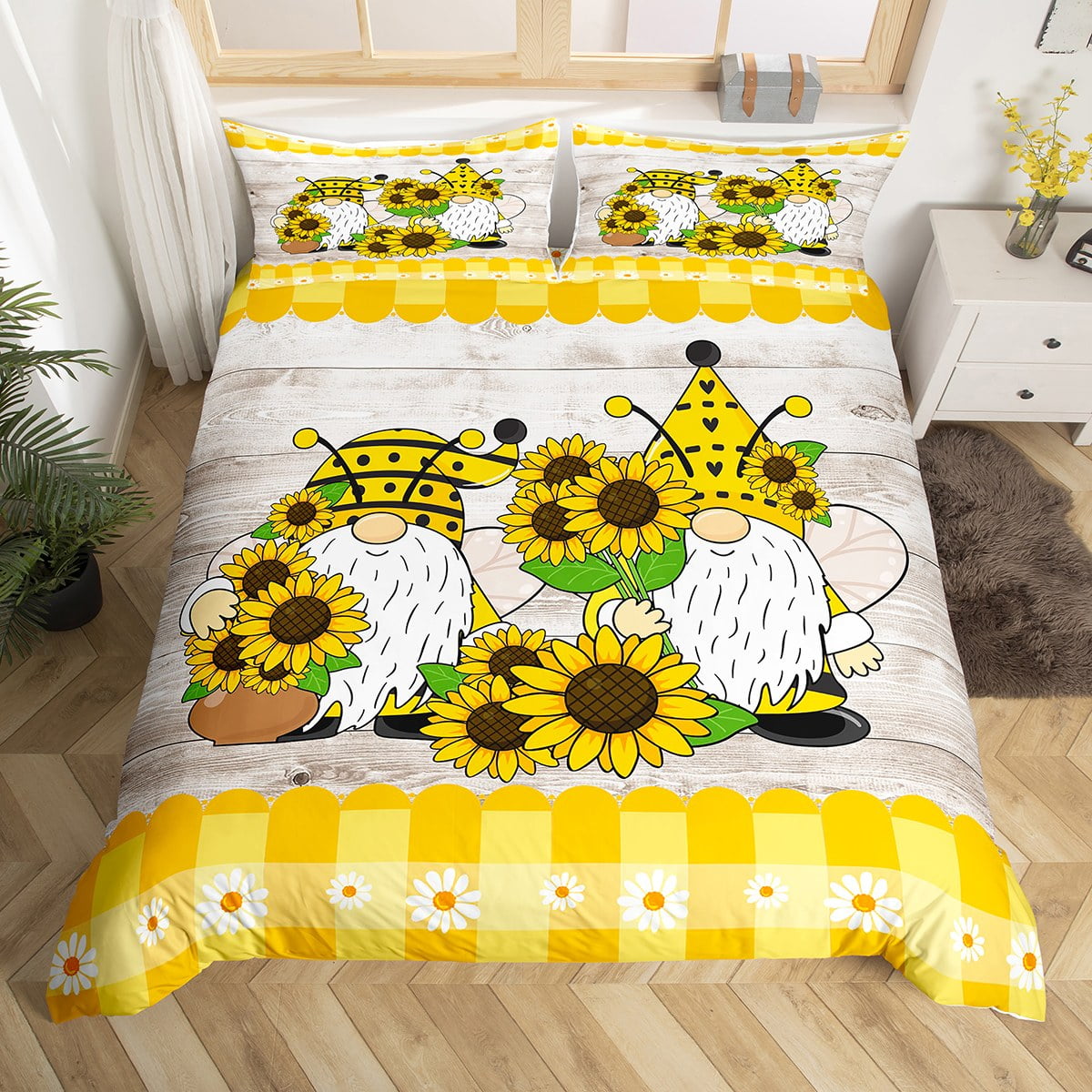 YST Bee Gnome Comforter Cover King Size,Sunflower Floral Duvet Cover ...