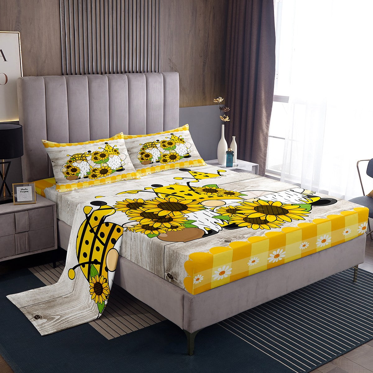 Bee Gnome Sheet Set Queen Size,Sunflower Floral Bed Sheets Set ...
