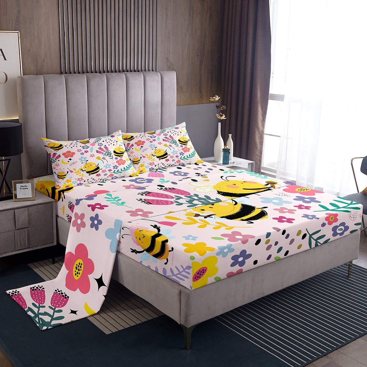 YST Bee Sheet Set,Cartoon Bee Bed Sheets Set Twin,Botanical Flower Leaf ...