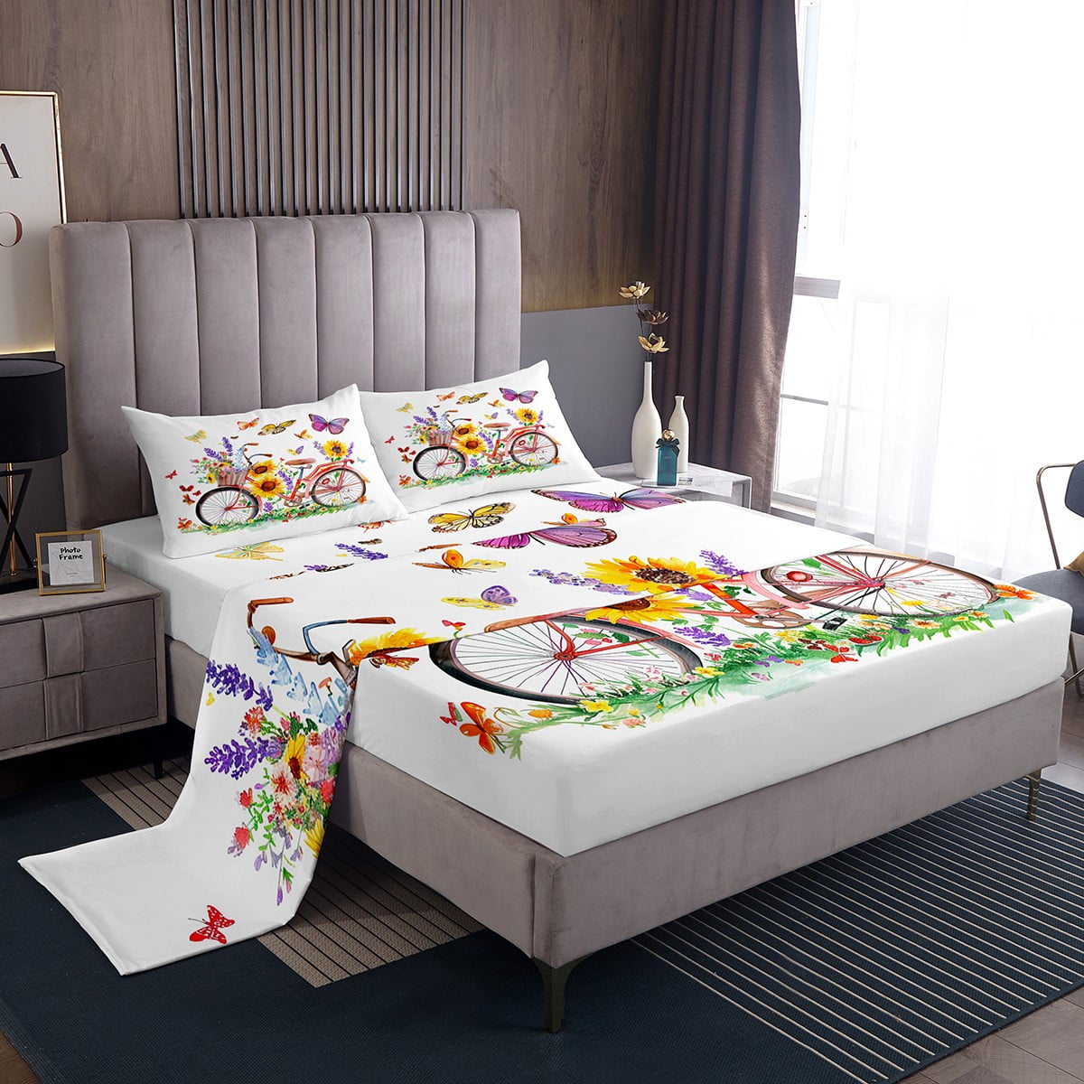 YST Bicycle Bed Sheets Set 4pcs, Bike Butterfly Flowers Printed Soft ...