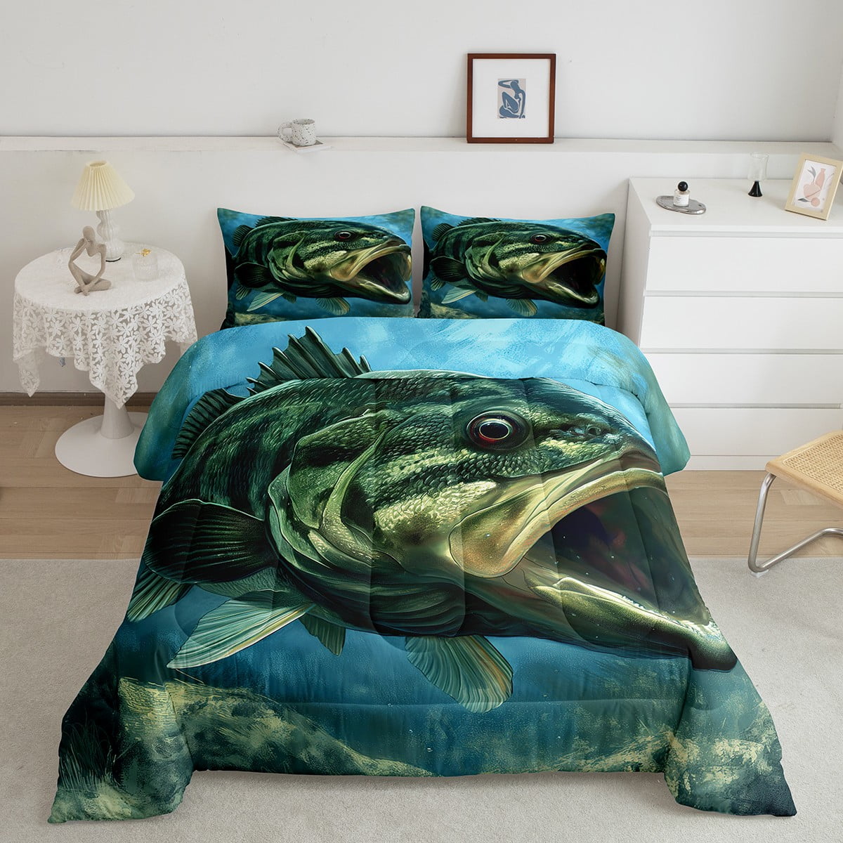 YST Big Pike Fish Queen Comforter Set Hunting and Fishing Bedding Set ...
