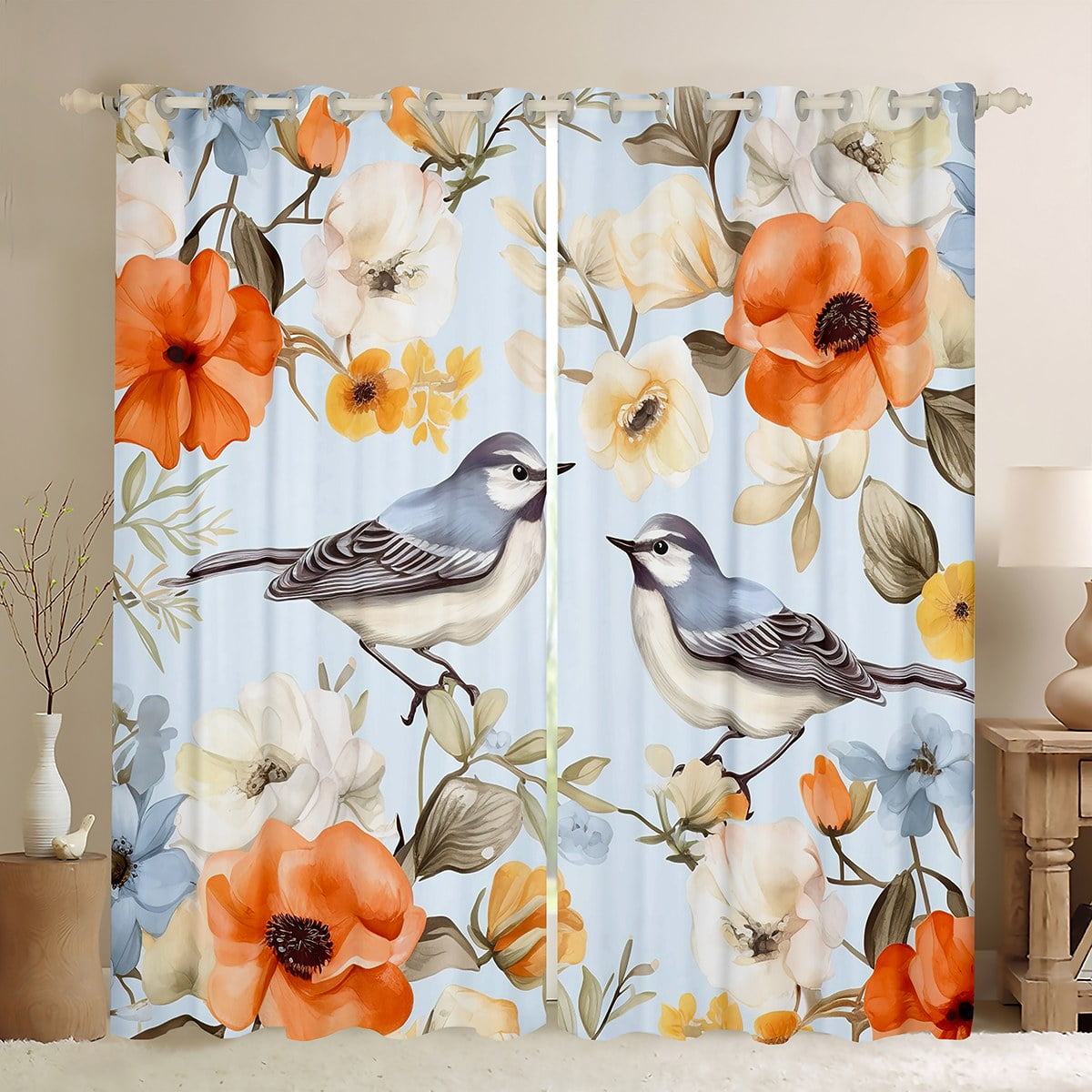 YST Birds Curtains Sparrow Bird 30%-50% Blackout Curtains Spring Wild ...
