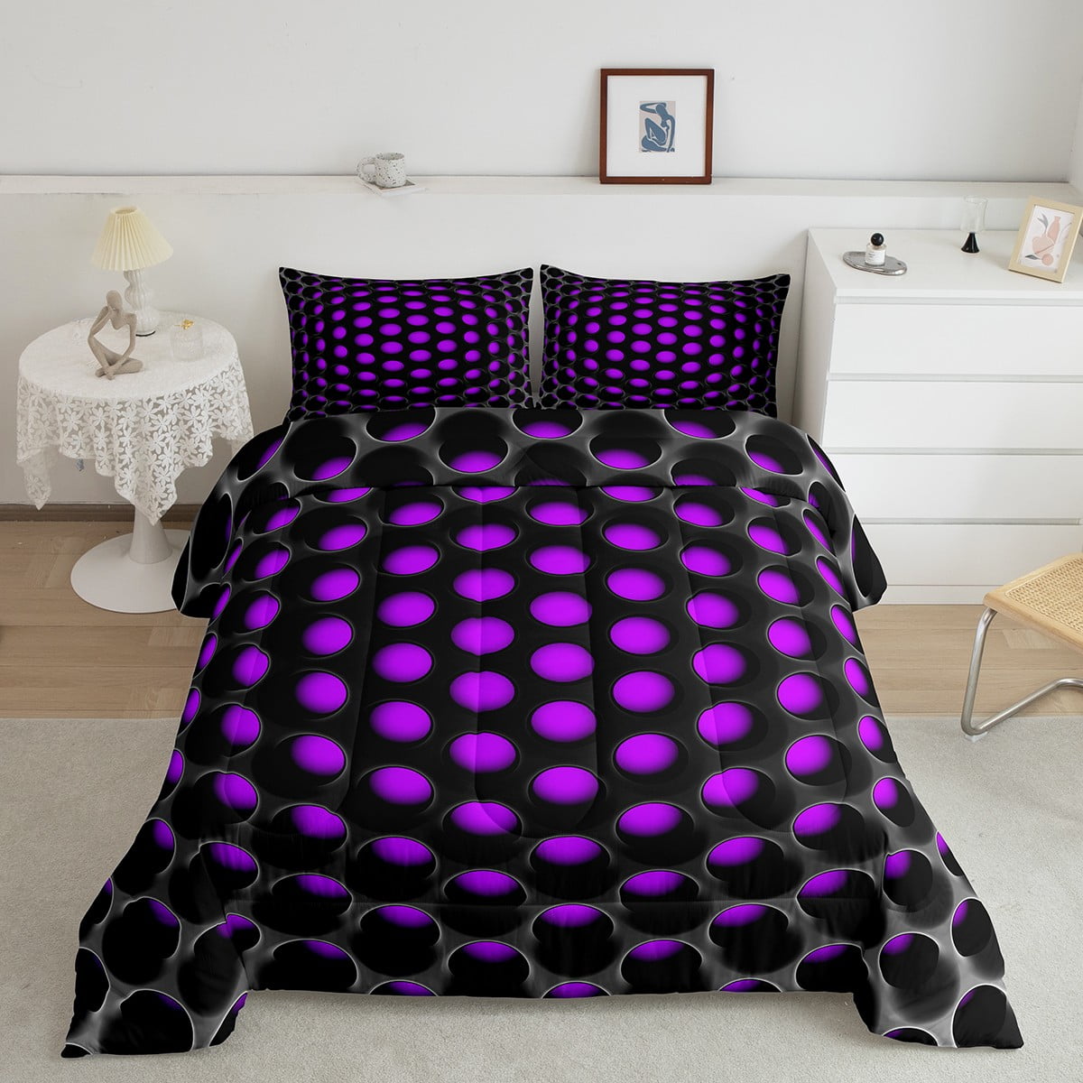 YST Black And Purple Comforter Set Full 3D Neon Geometric Bedding Sets ...