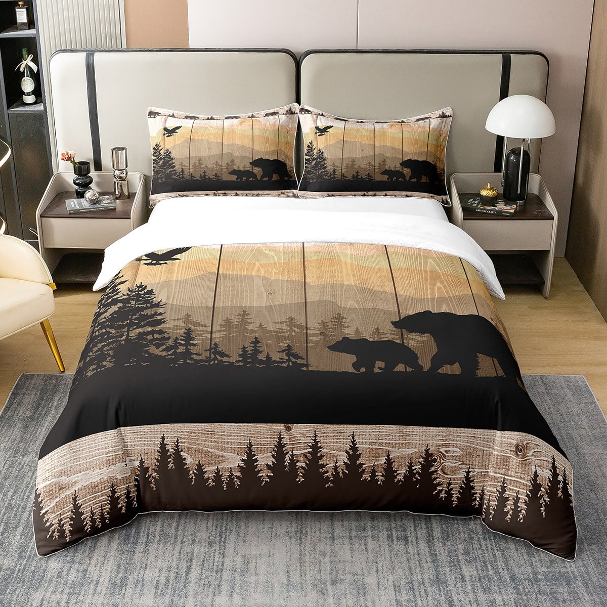 Black Bear 100% Cotton Duvet Cover,Rustic Brown Woodland Hunting Animal ...