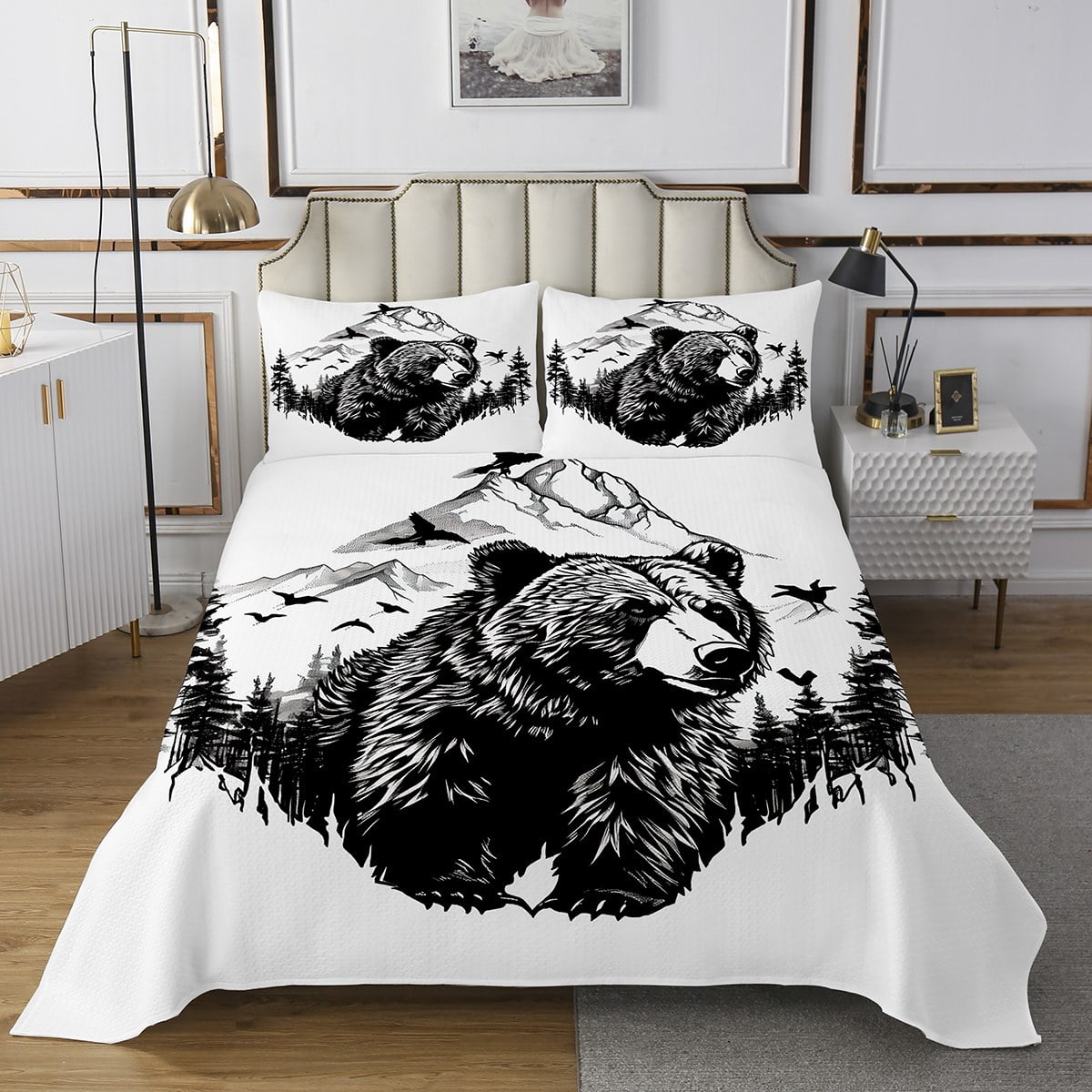 Black Bear Bedding Set Bear Hunting Quilt Set Queen, Rustic Farmhouse Theme Queen Bedspread Set ...