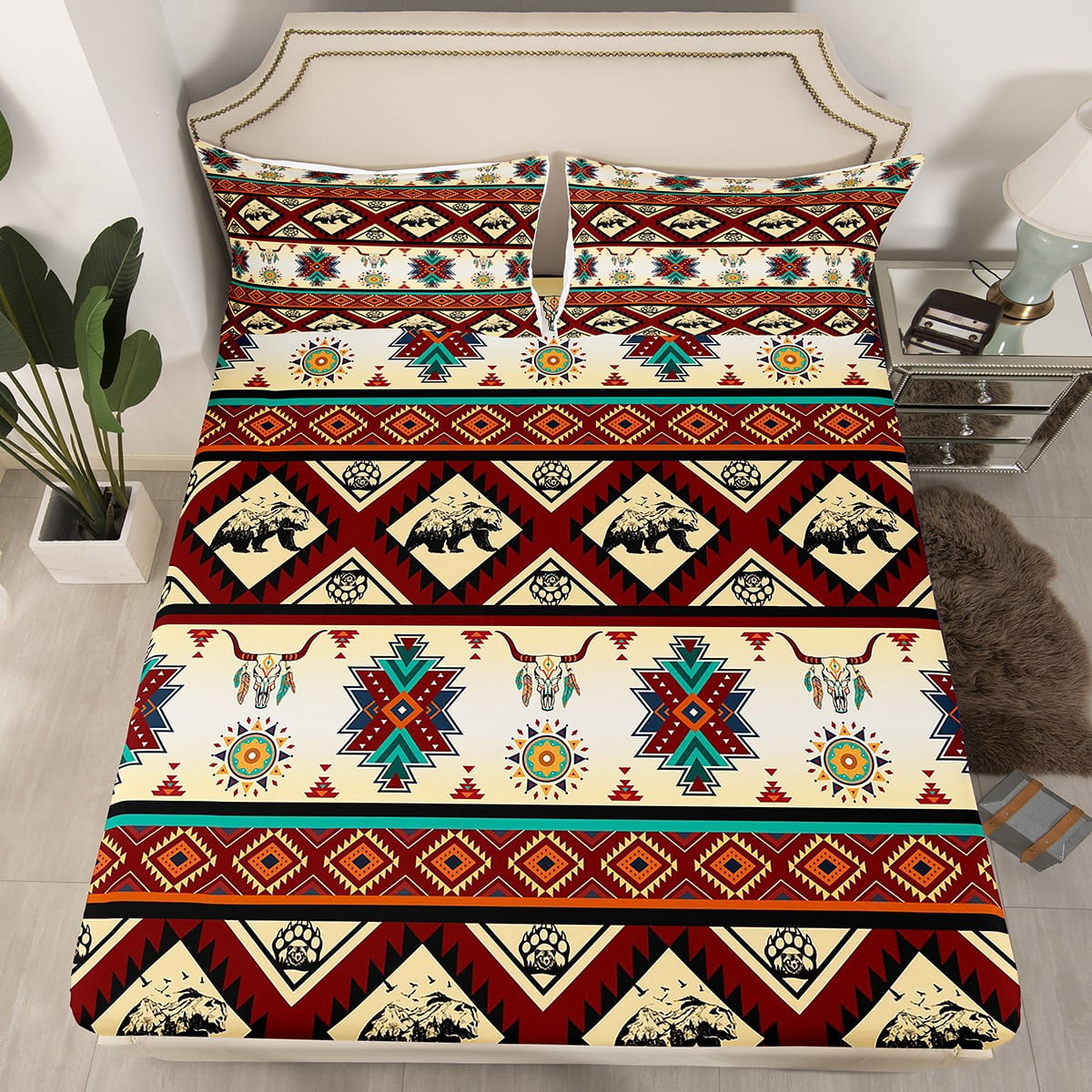 YST Black Bear Fitted Sheet Exotic Bull Skull Western Bed Sheets Full ...