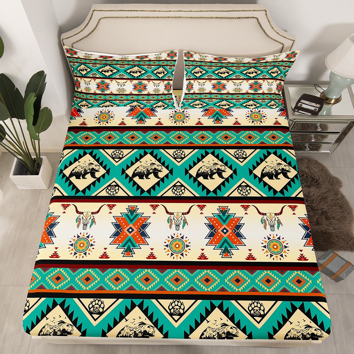 Black Bear Fitted Sheet Exotic Bull Skull Western Bed Sheets Full,Arrow ...