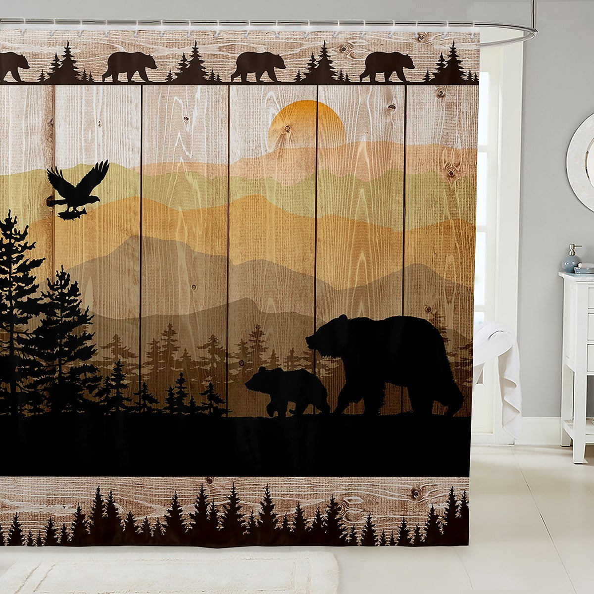 Black Bear Shower Curtain,Rustic Brown Woodland Hunting Animal Bathroom ...