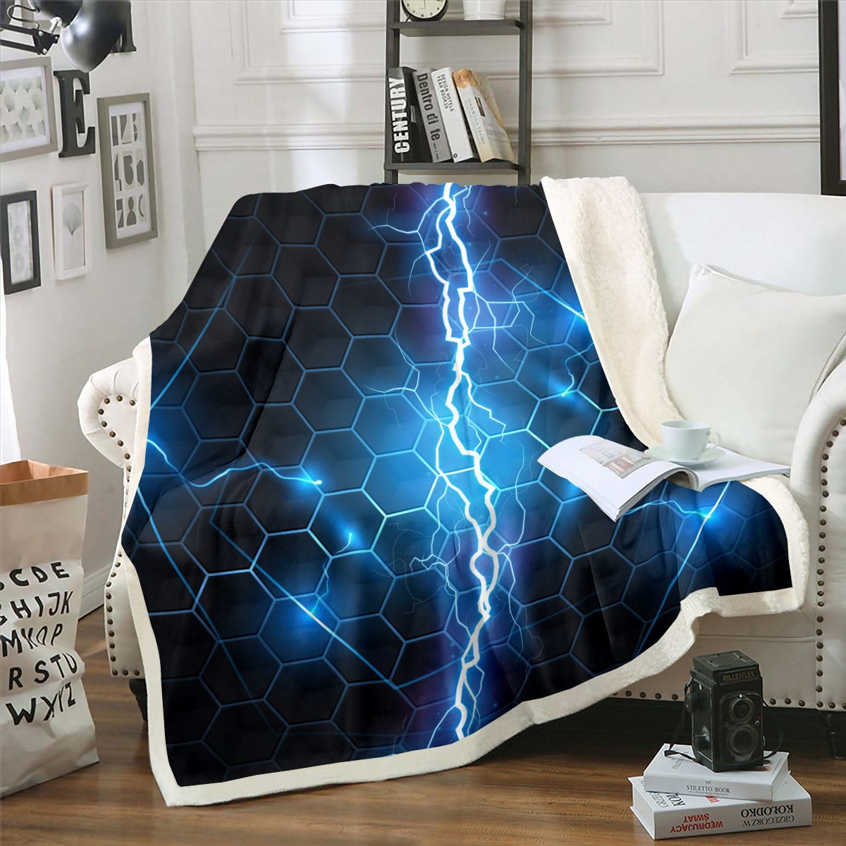 Black and Blue Blanket Geometric Neon Honeycomb Throw Blanket,Lightning ...
