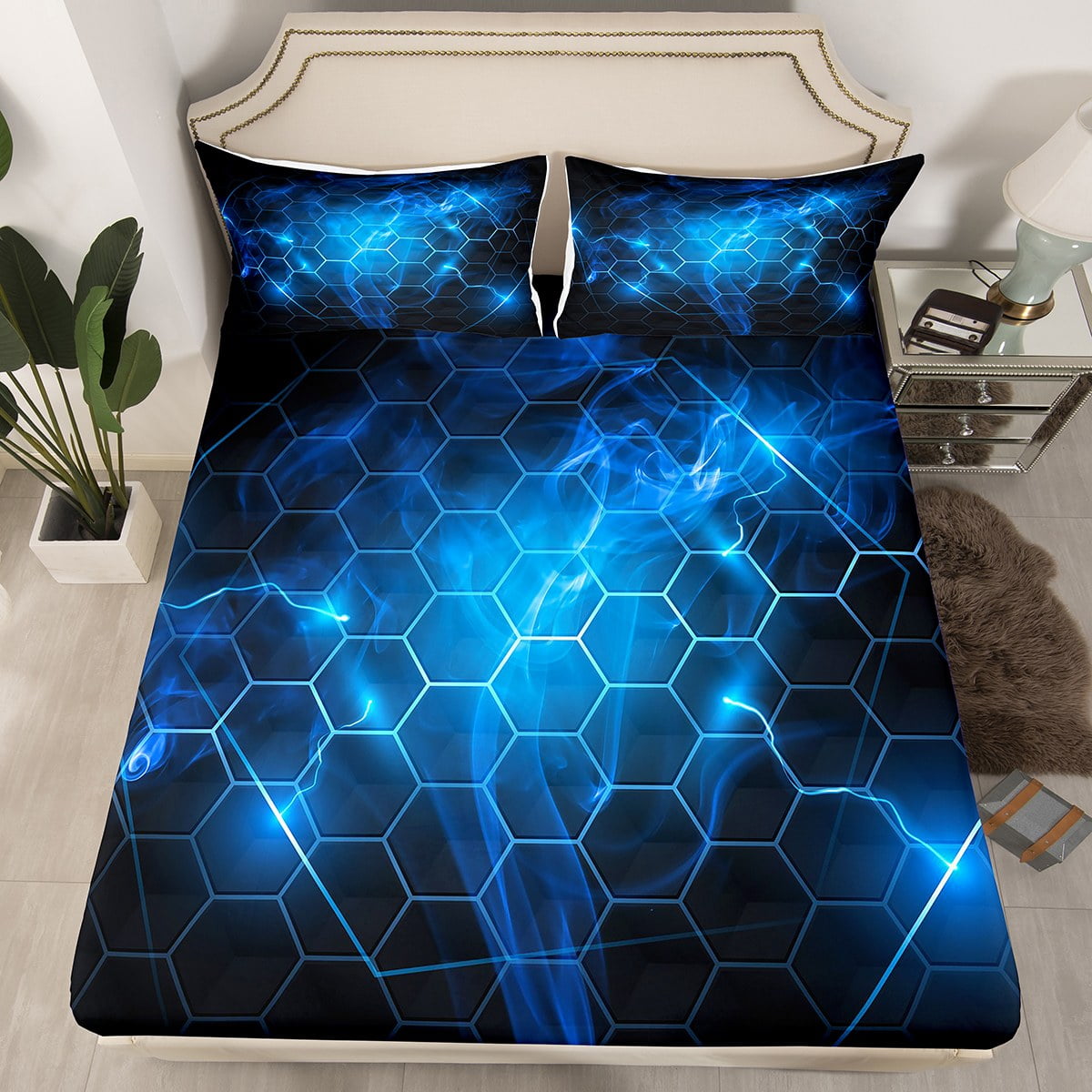 Black and Blue Fitted Sheet Neon Honeycomb Geometry Bed Sheets Twin Men ...