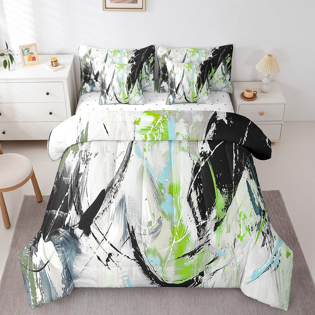 YST Black Blue Lime Green Bedding Set For Kids Abstract Stripe King ...