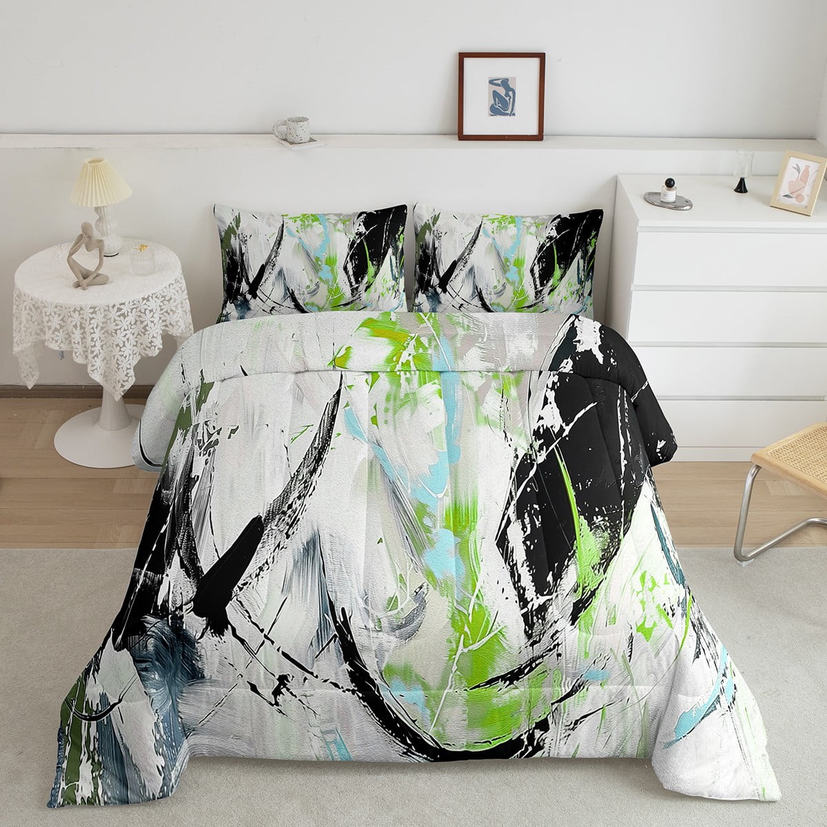 Erosebridal Black Blue Lime Green Bedding Set Abstract Stripe King ...