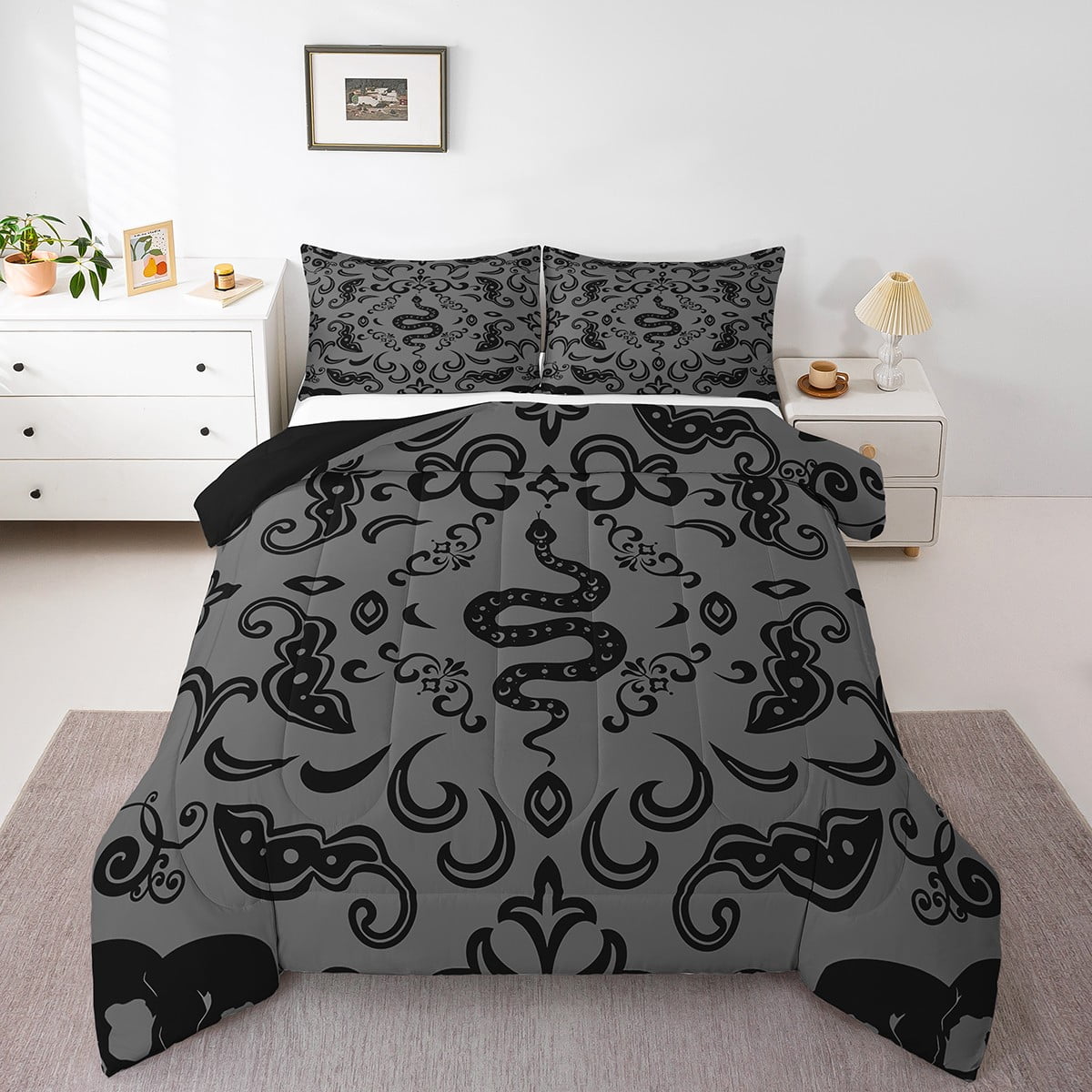 Erosebridal Black Boho Snake Print Bedding Set Hippie Halloween Gothic ...