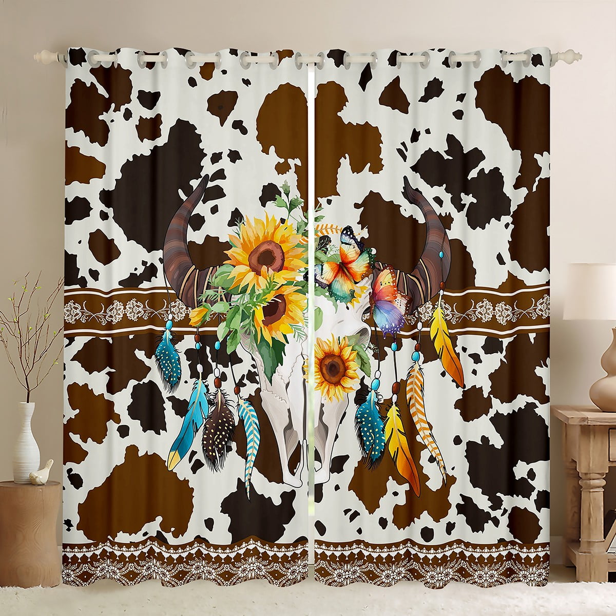 YST Black Brown Cowhide Blackout Curtains Bull Skull Western Curtains ...
