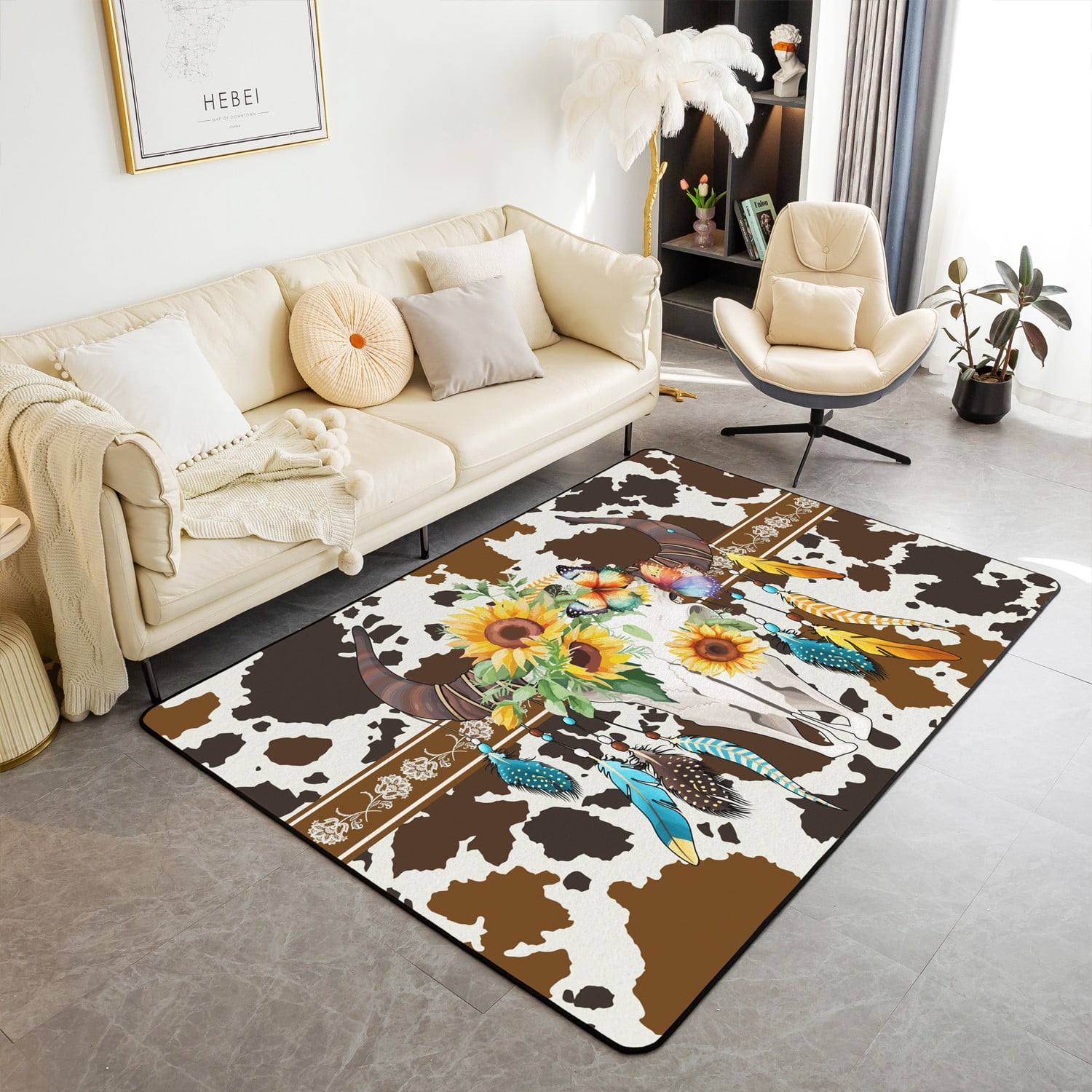 YST Black Brown Cowhide Carpet Sugar Skull Western Living Room Rug,Wild ...