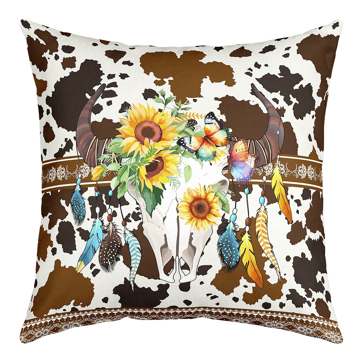 YST Black Brown Cowhide Cushion Cover Sugar Skull Western Throw Pillow ...