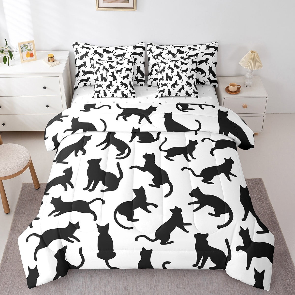 Black Cat Bed In A Bag,Kawaii Cute Kitten Print Bedding Set 7Pcs King ...