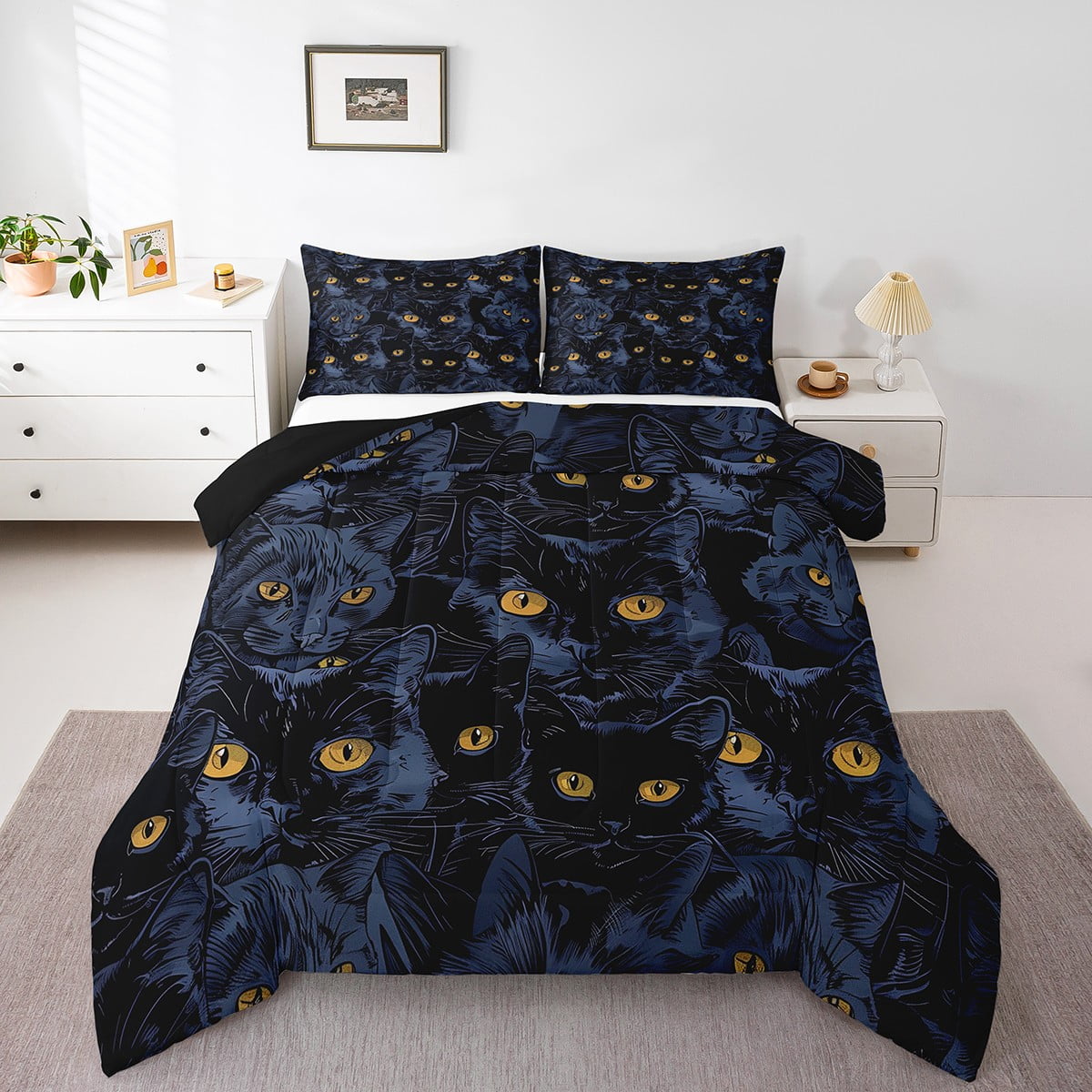 Black Cat Comforter Set Full Size Cute Cartoon Animal Bedding Lovely ...