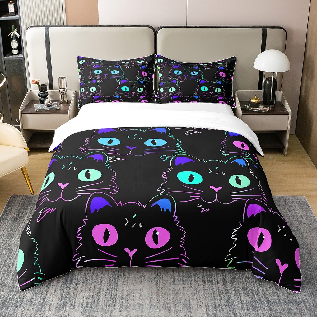 Black Cat Duvet Cover 100% Cotton ,Neon Rainbow Line Cat Comforter ...