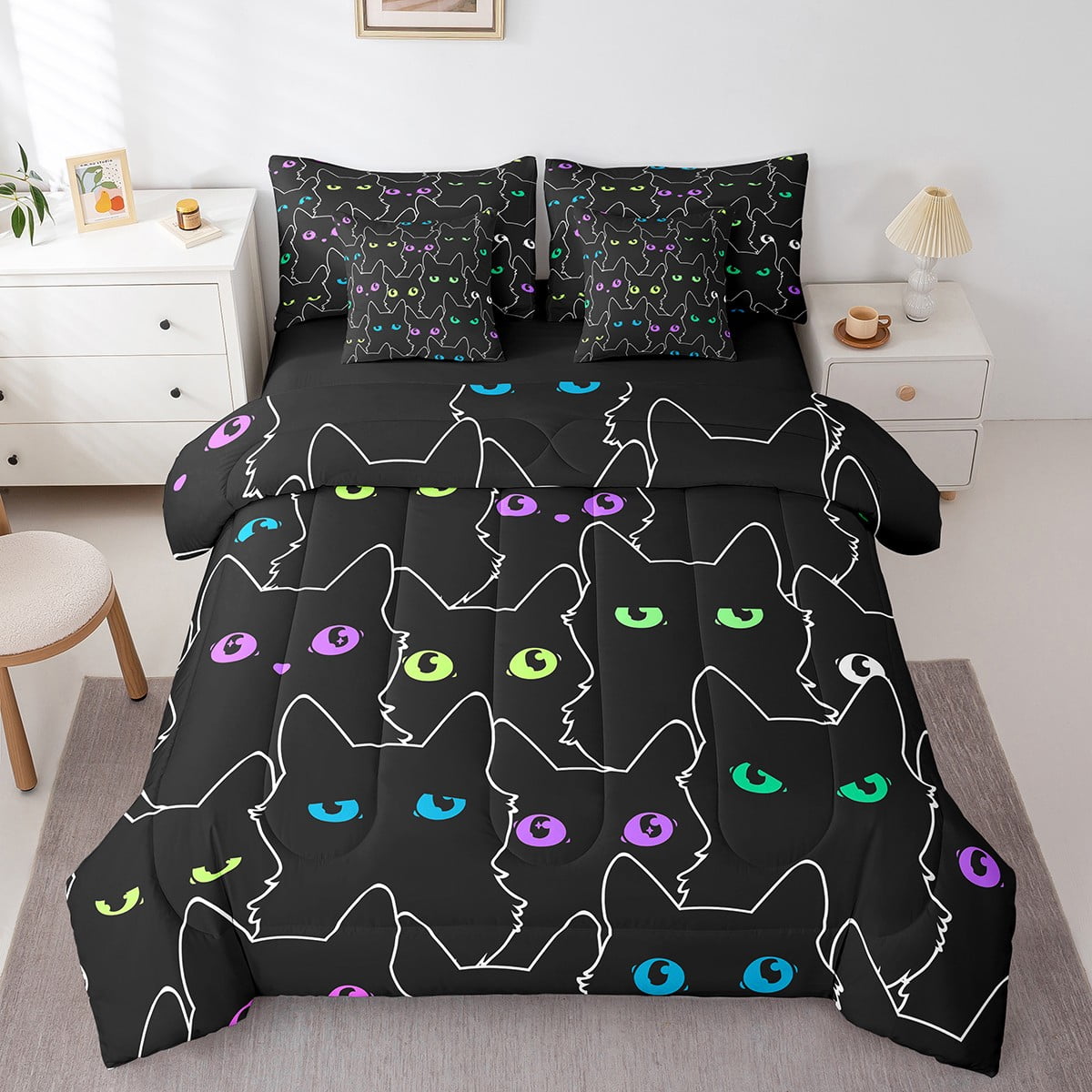 Black Cat Full Comforter Set 7-Piece Funny Kittens Bedding Comforter ...