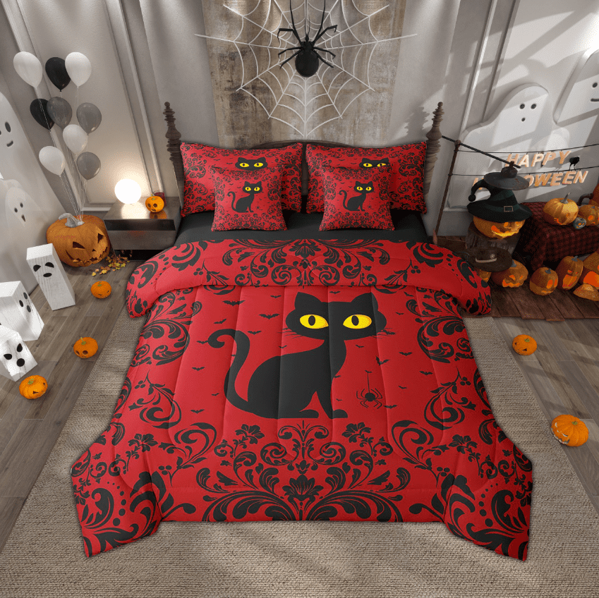 Black Cat 7 Piece Bedding Set Queen Black Red Halloween Comforter Set ...