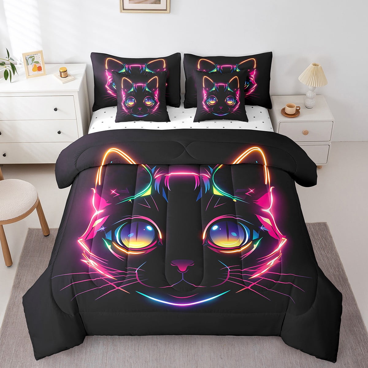 Black Cat Queen Comforter Set 7-Piece Cartoon Pet Cat Bedding Sets,Cute ...