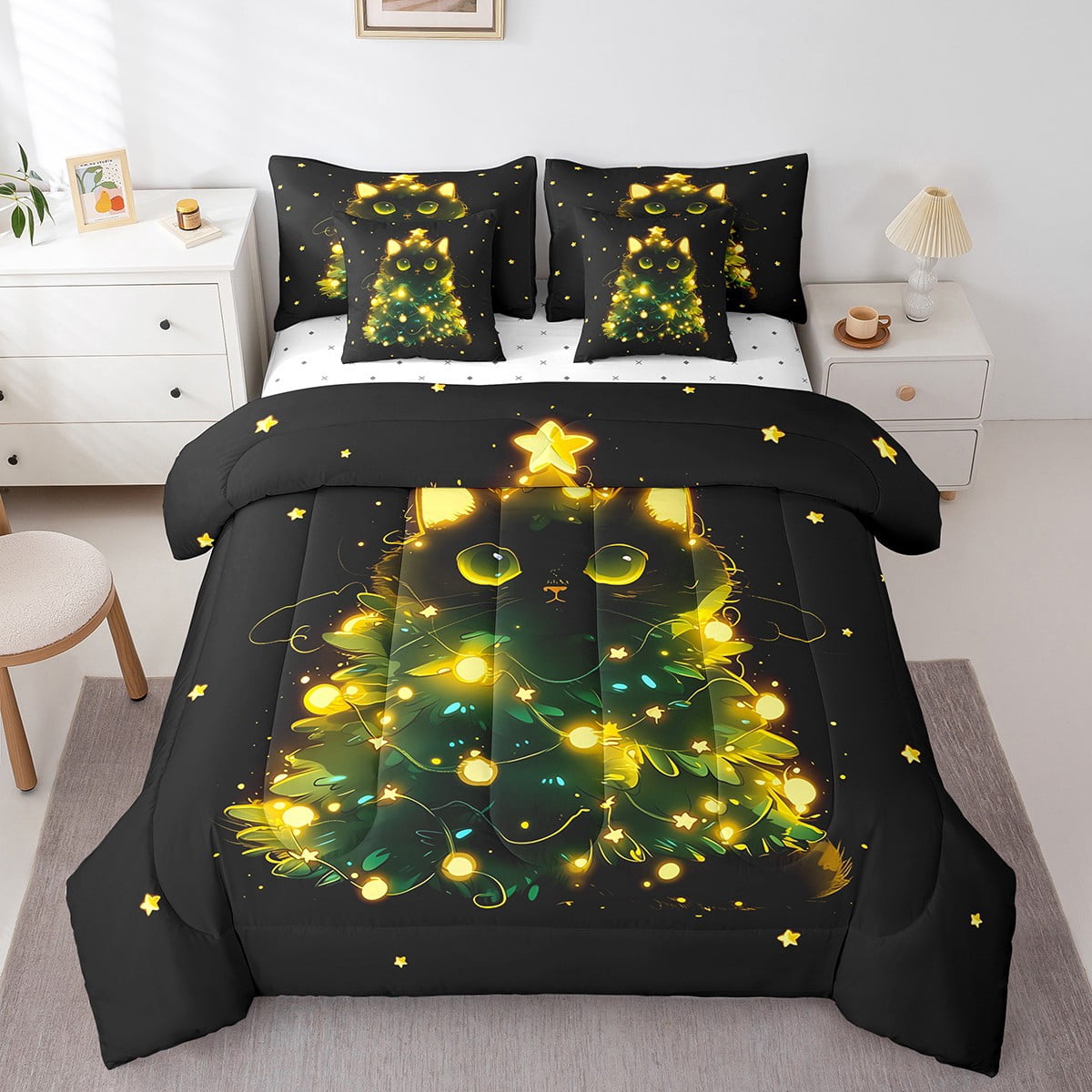 Black Cat Queen Comforter Set 7-Piece Cute Cartoon Xmas Theme Bed Set ...