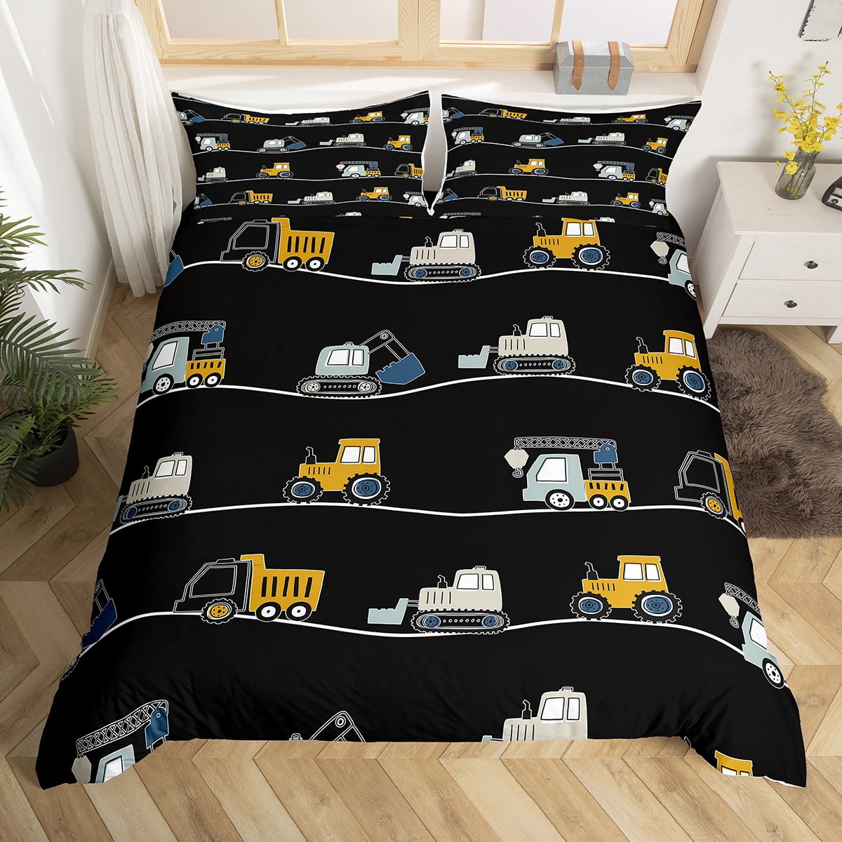 YST Black Construction Bedding Set Queen for Boys Girls Kids,Cartoon ...